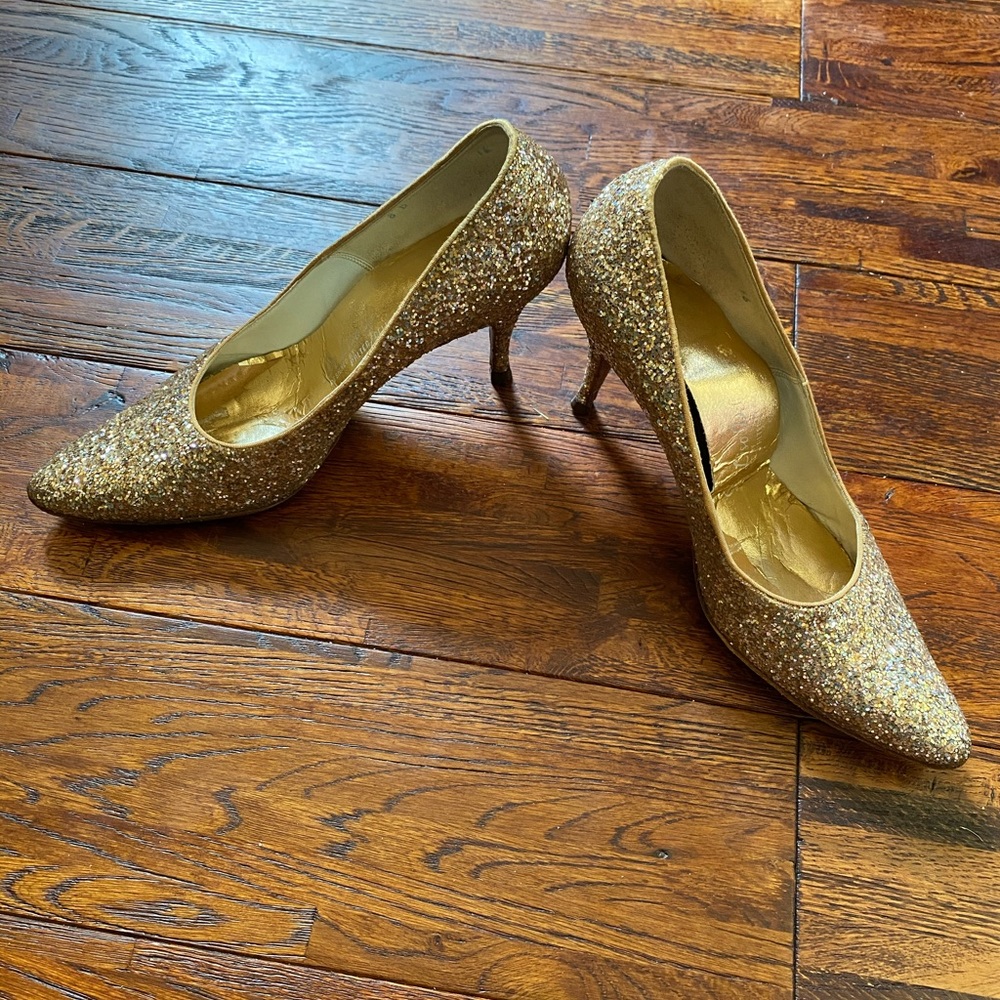 Vintage De Liso Debs High Heel Gold Glitter Pumps - Gem
